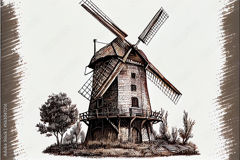Hand-drawn sketch of a windmill with a transparent background ...