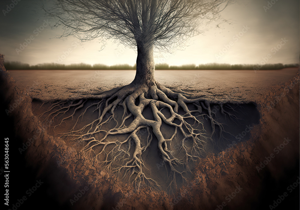 Roots of a tree inside a soil, ground cross section. Generative AI ...