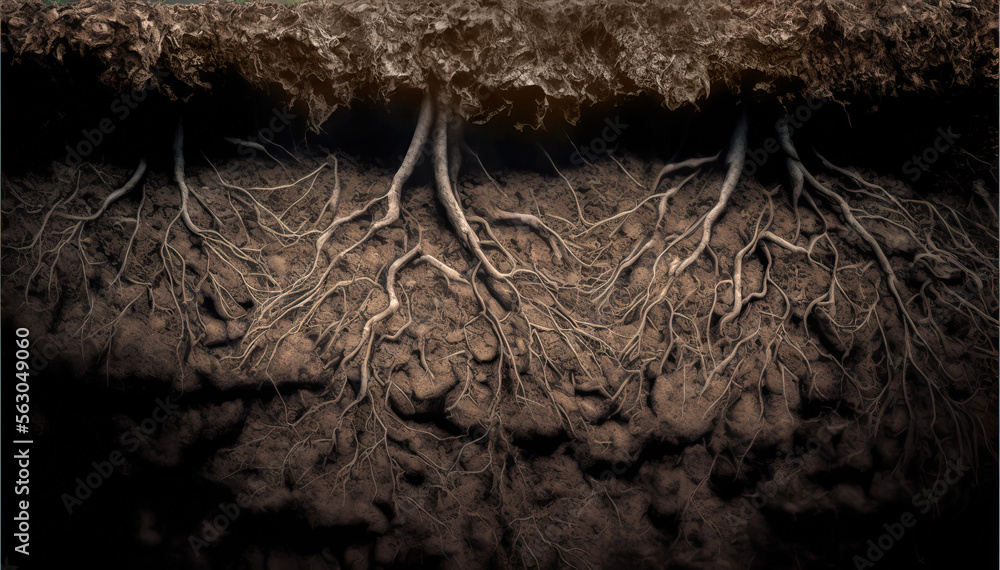 Section of soil, underground texture with rocks and plant roots ...