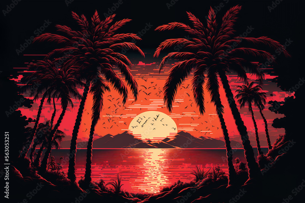 80's or 90's retro sunset landscape, Evening on the beach with palm ...