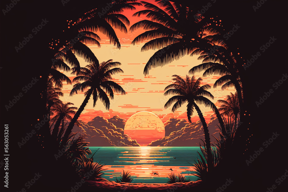 80's or 90's retro sunset landscape, Evening on the beach with palm ...