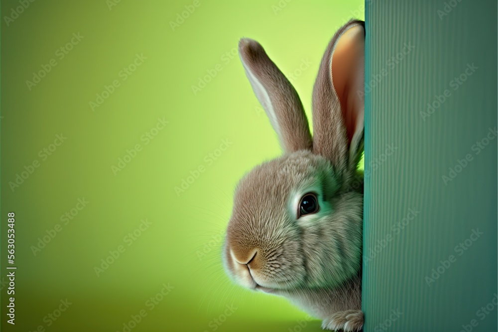 Frightened, wary rabbit peeking around the corner, against a green ...