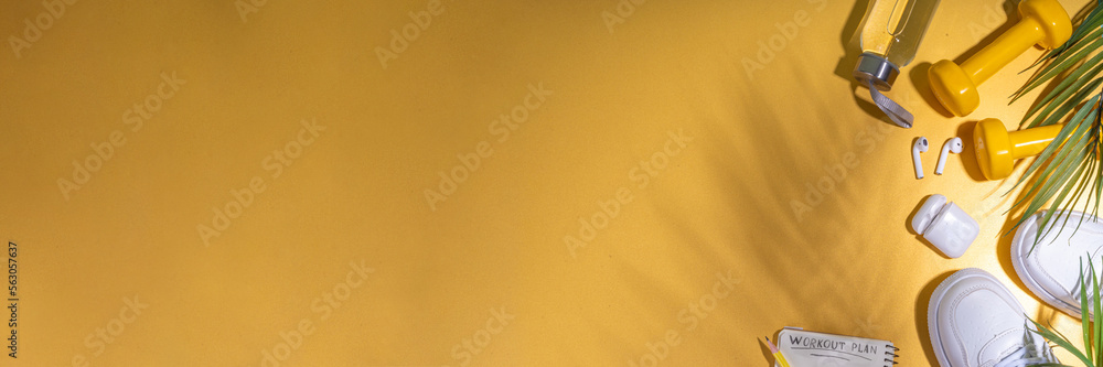 Summer sport and fitness background. Sport shoes, dumbbells, blank ...