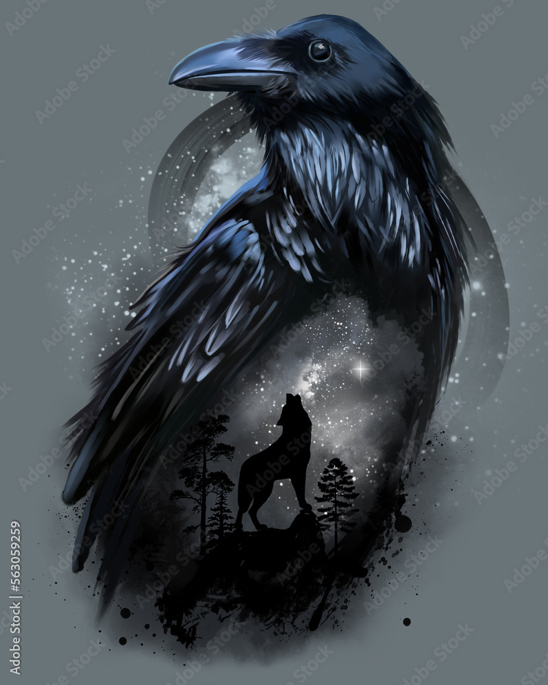 Raven and wolf that howls at the moon Stock Illustration | Adobe Stock