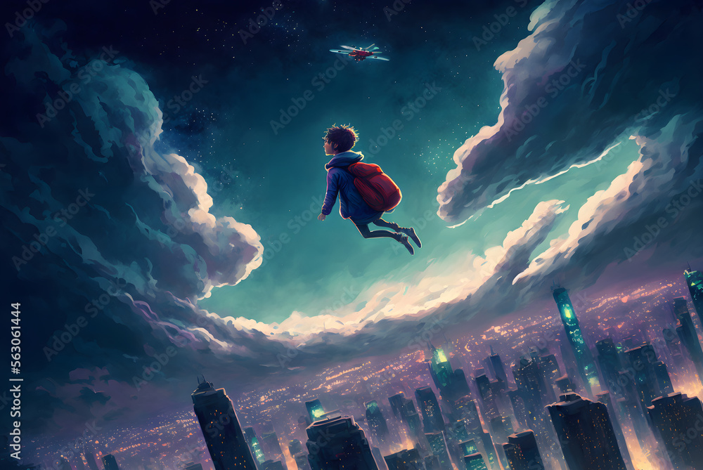 boy flying in the sky over the big city at night, digital art style ...