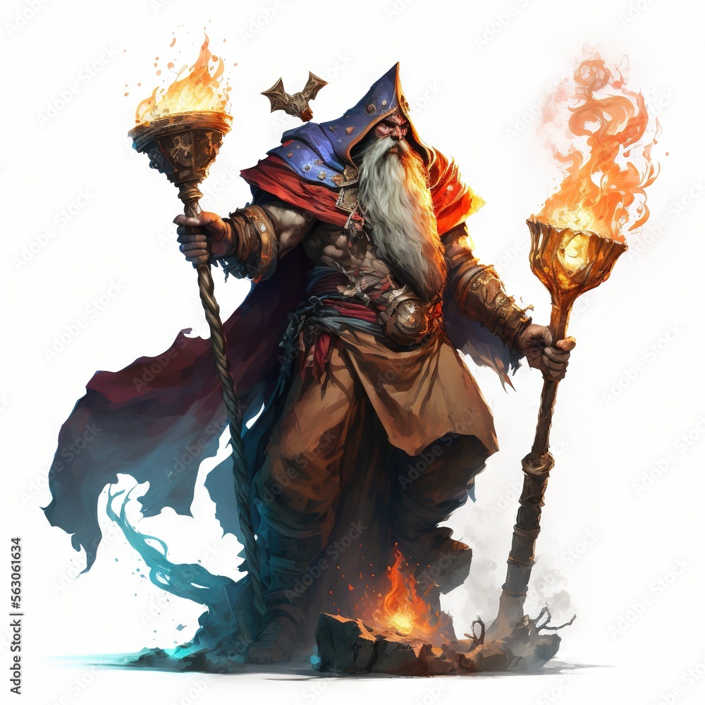 Fantasy RPG Fire mage drawing, white background, created with ...
