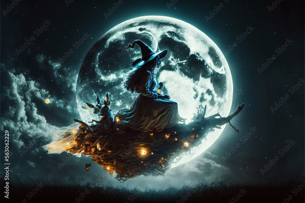 Witch flying on a broom in front of full moon. Designed using ...