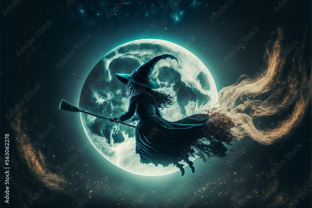 Witch flying on a broom in front of full moon. Designed using ...