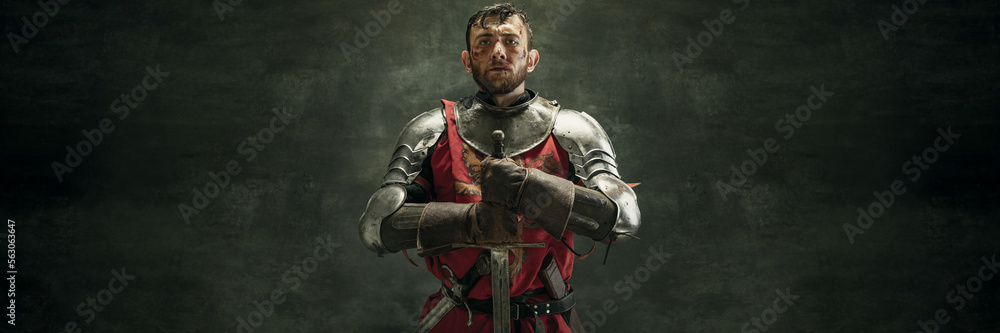 Banner. Serious brutal bearded man, medieval warrior and knight with ...