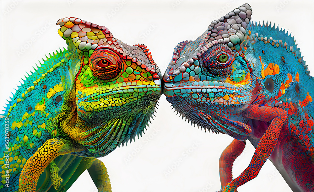 Retrato de camaleones besándose sobre fondo blanco.ai generado. Stock ...