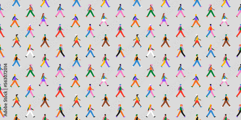 Diverse colorful people group walking together seamless pattern ...