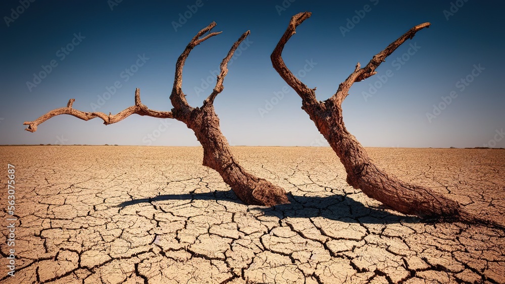 Land with arid soil dying trees and cracked soil desert global warming ...