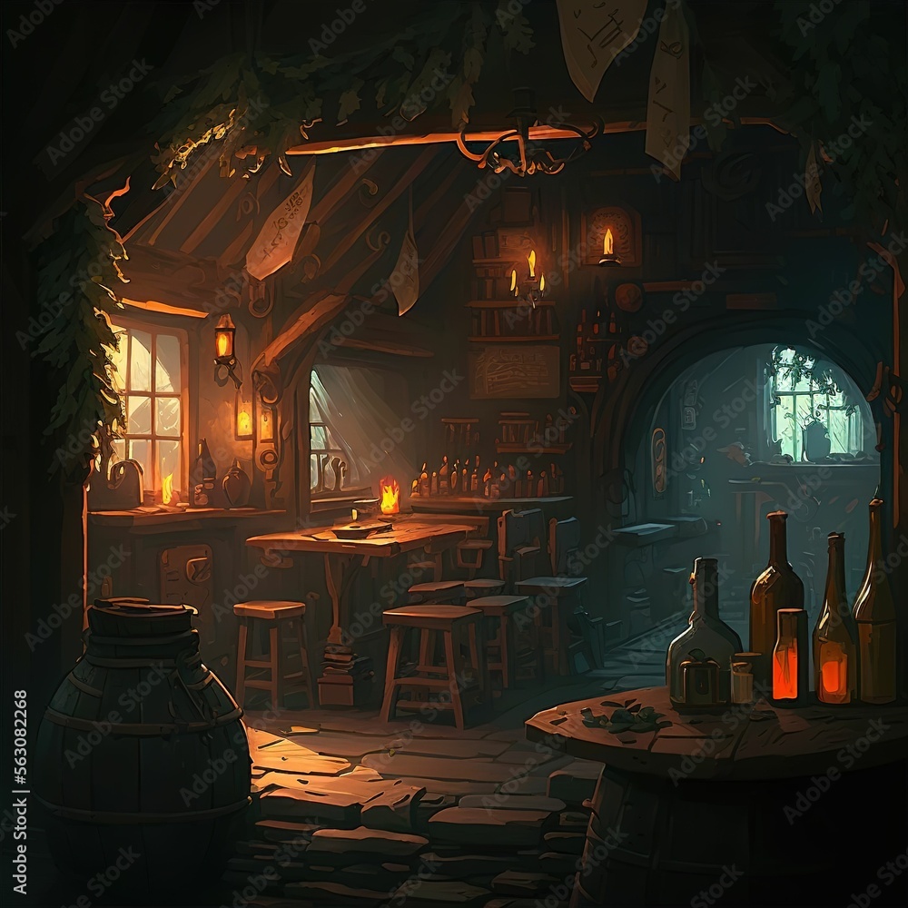 Warm lit friendly medieval fantasy tavern inn, lanterns, concept art ...