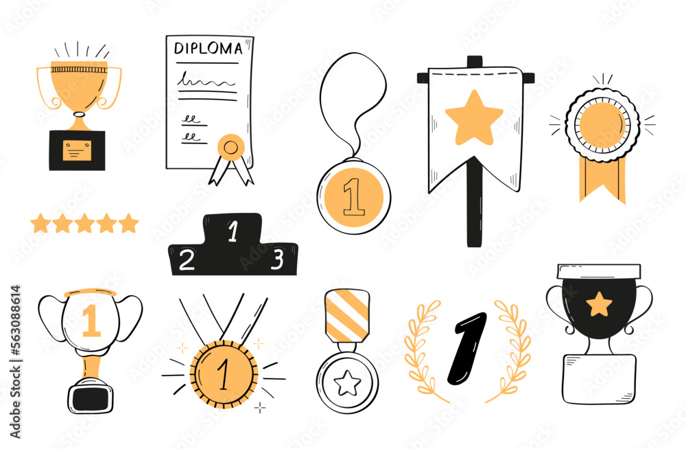 First place doodle icon. Winner prize, champion cup, ribbon in hand ...