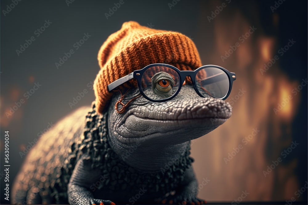 a small lizard wearing a hat and glasses with a knitted cap on it's ...