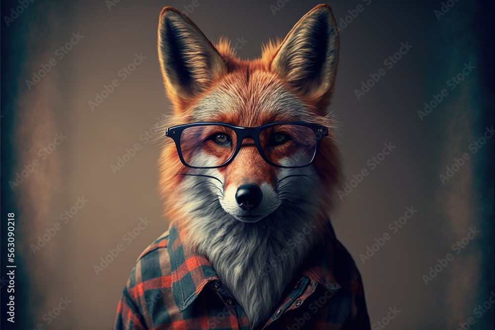 a fox wearing glasses and a plaid shirt with a beard and mustache on it ...