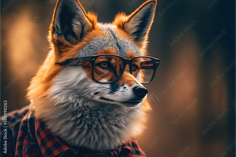 a fox wearing glasses and a shirt with a plaid shirt on it's chest and ...