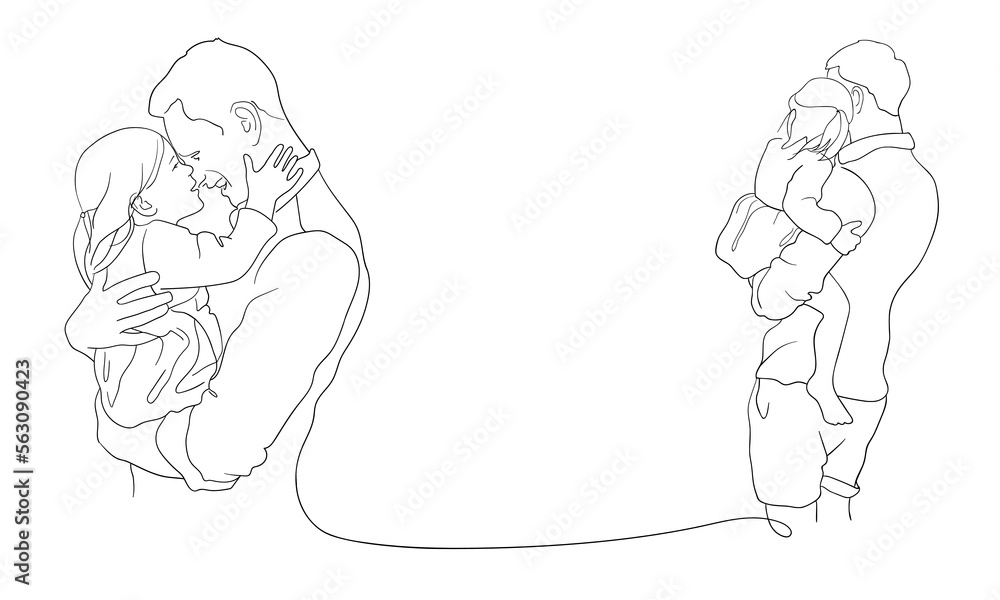 Continuous line drawing of father and his daughter on white background ...