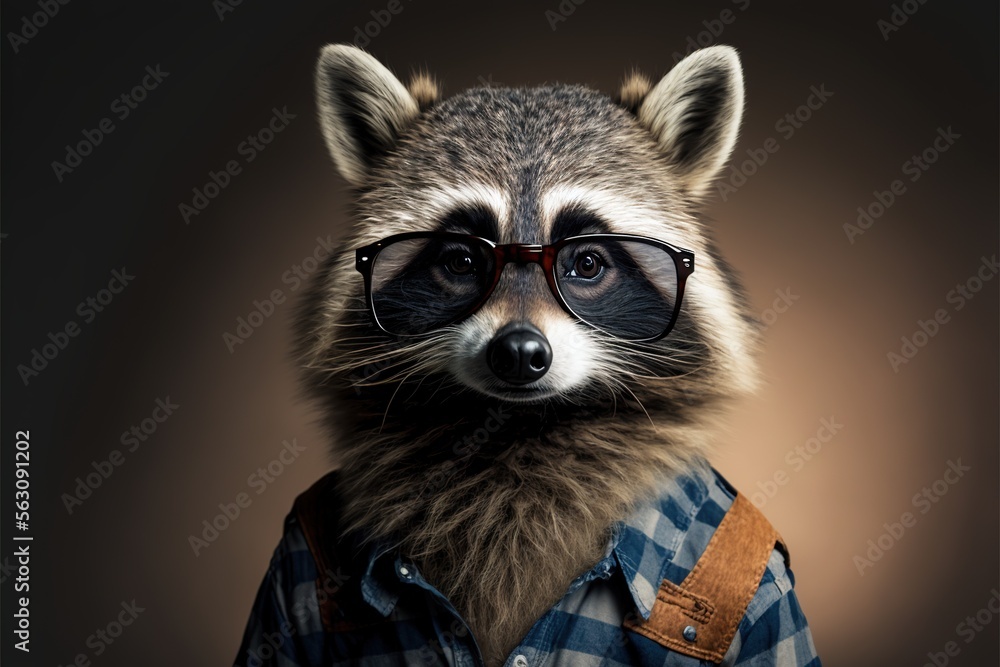 a raccoon wearing glasses and a shirt with a leather strap around its ...