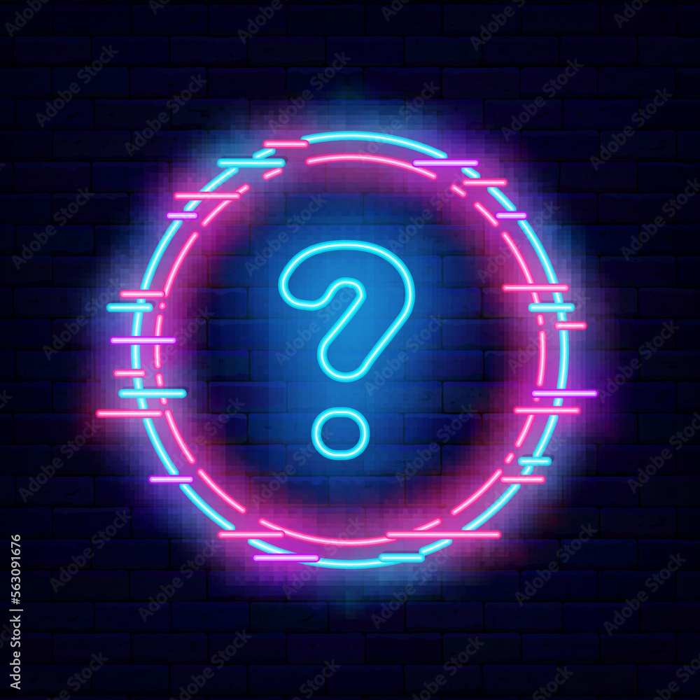 Blue question mark neon icon. Cyber circle frame. Test and exam concept ...