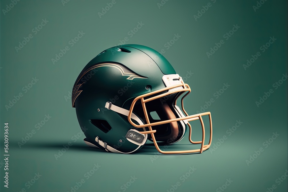 a green and gold football helmet on a green background with a shadow of ...
