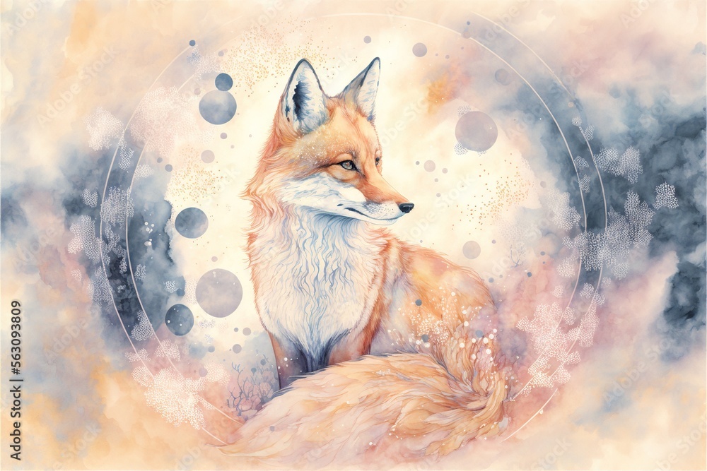 a painting of a fox sitting in front of a circular background with ...