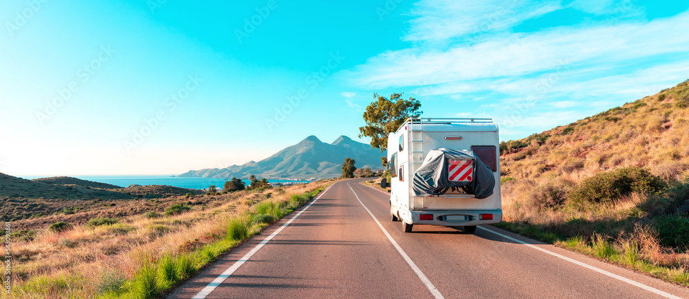 family travel- motorhome on the road in countryside Stock Photo | Adobe ...
