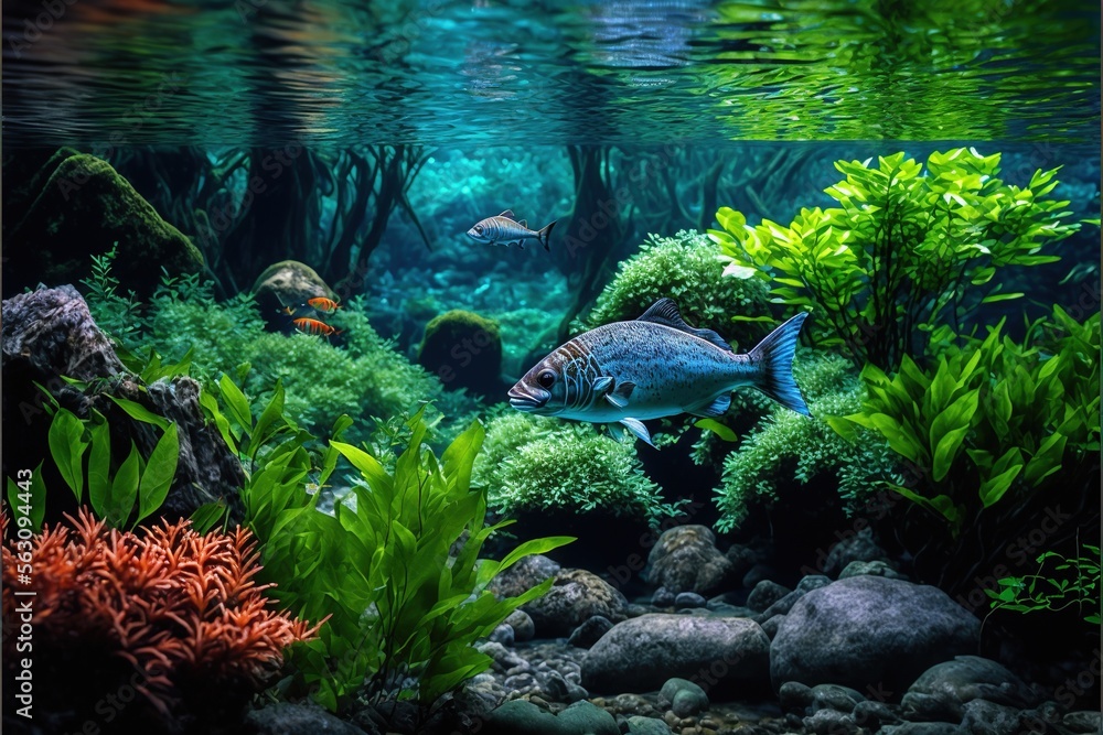 a fish swimming in a large aquarium filled with plants and rocks and ...