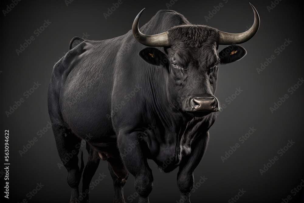a black bull with large horns standing in a dark room with a black ...