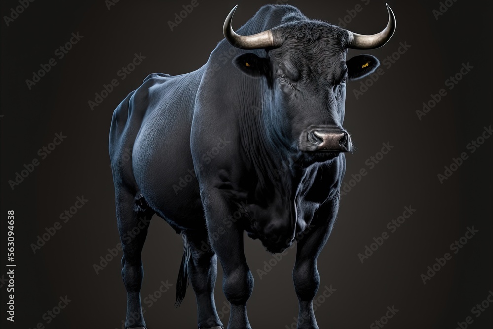 a black bull with horns standing in a dark room with a black background ...
