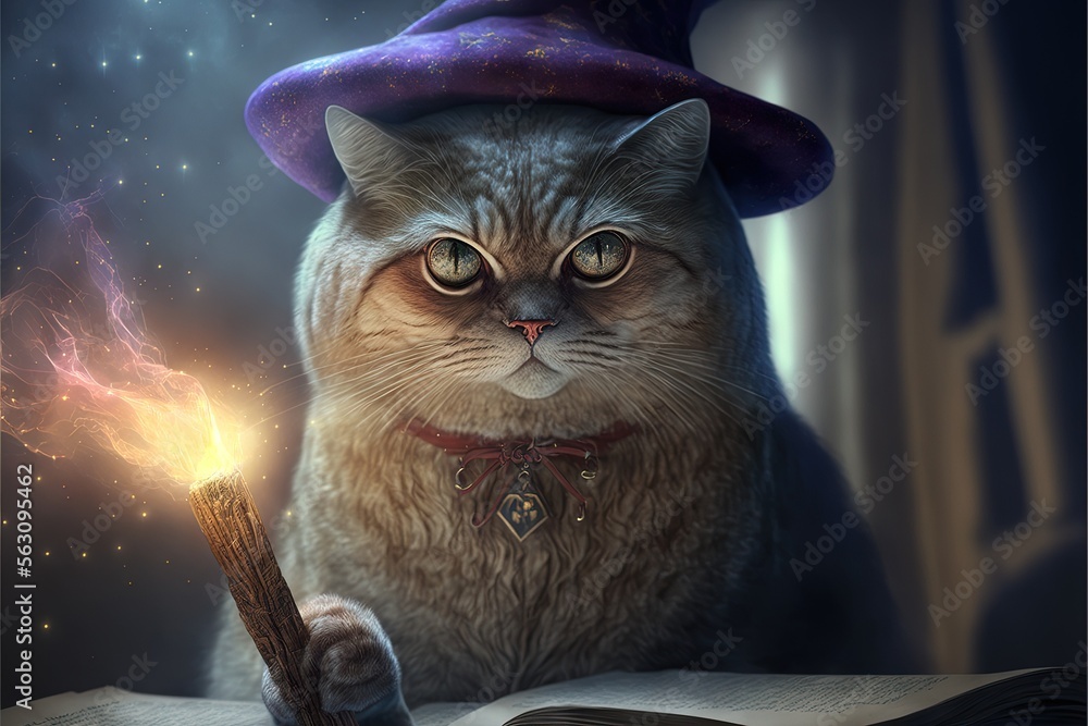 Magical Hat wizard cat illustration generative ai Stock Illustration ...