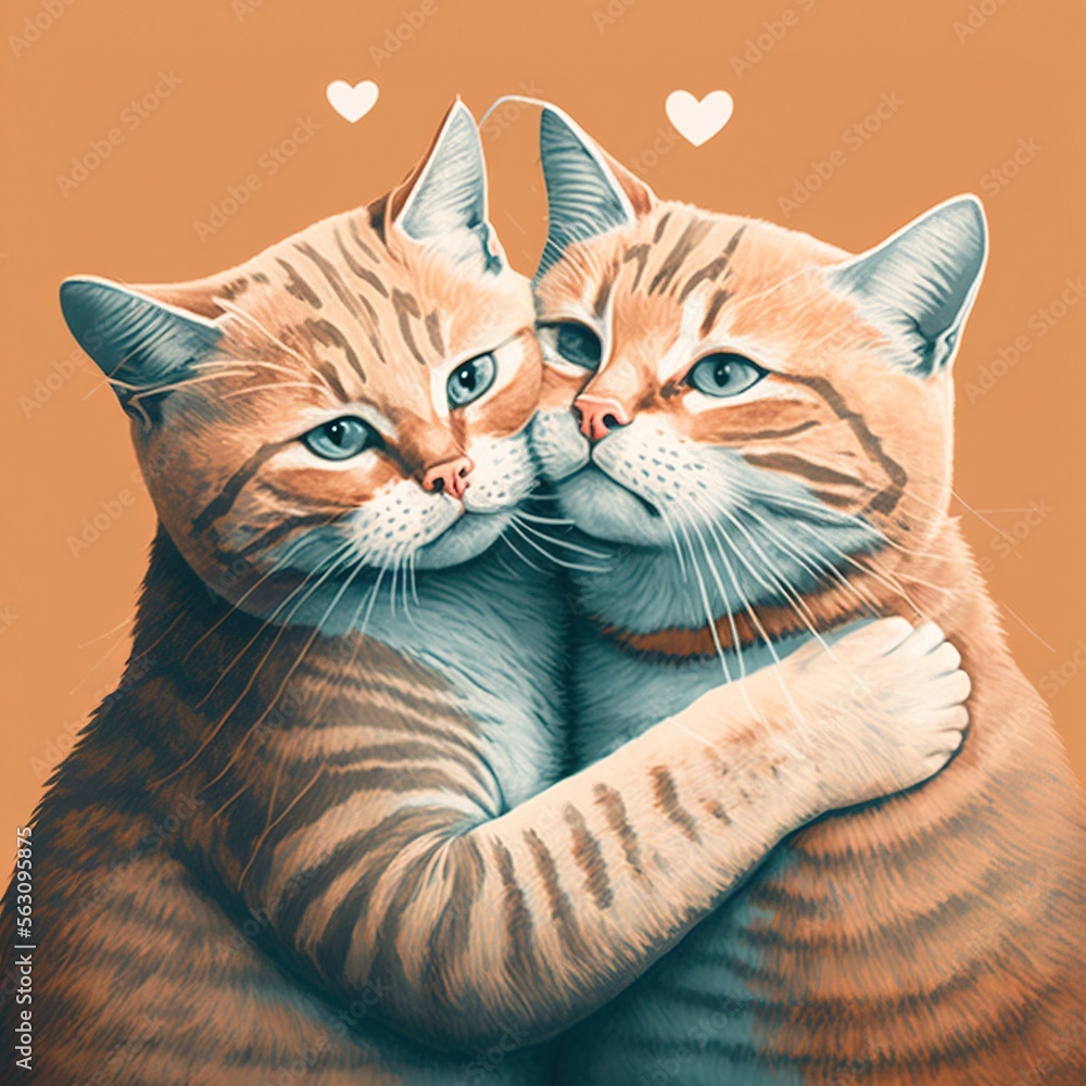 a couple of cats hugging each other with hearts in the background of ...