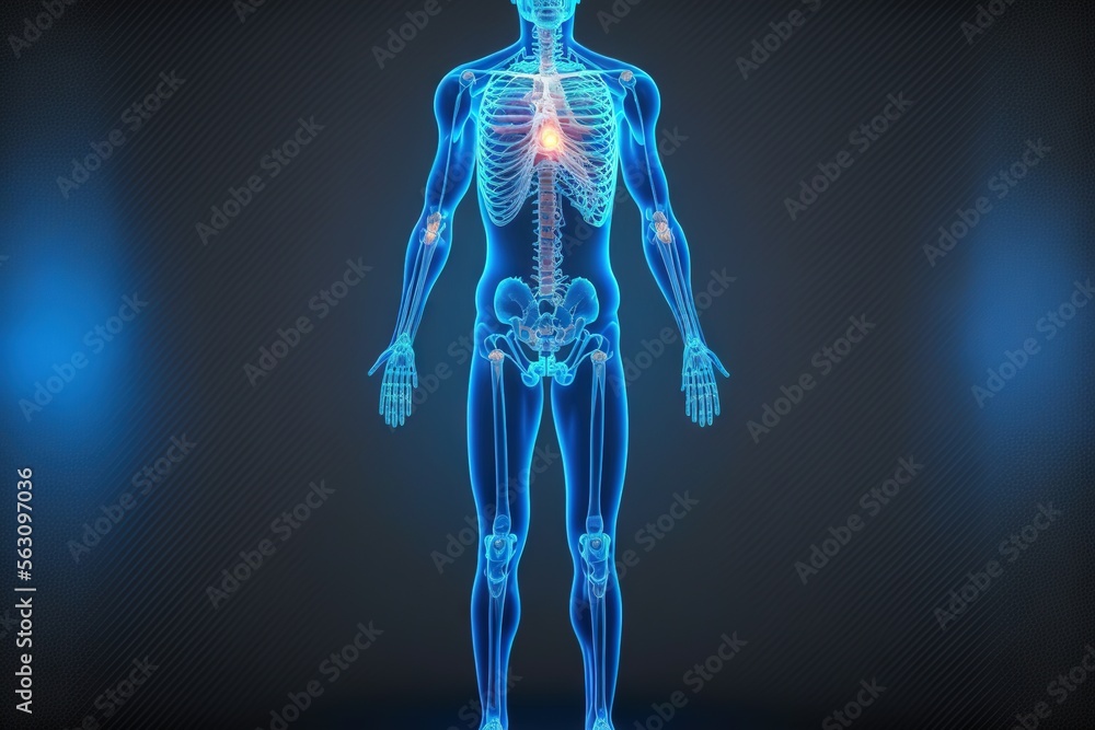 a human skeleton with the highlighted organs highlighted in blue light ...