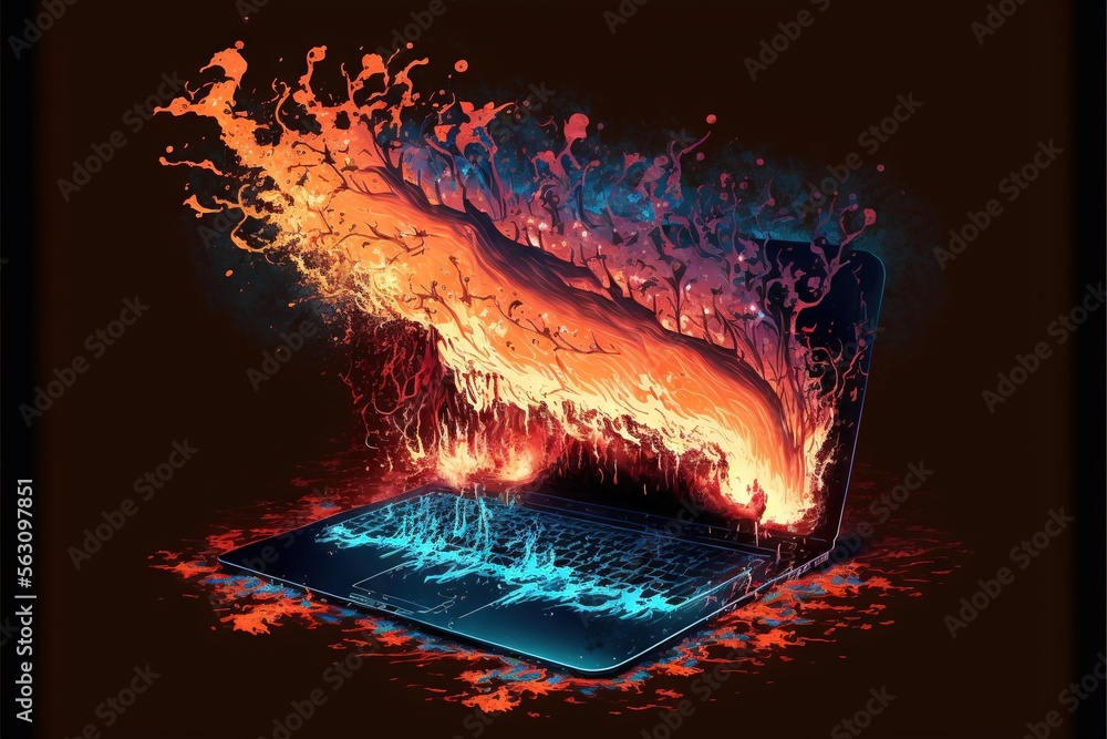 a laptop with a fire on the screen and a black background with a red ...