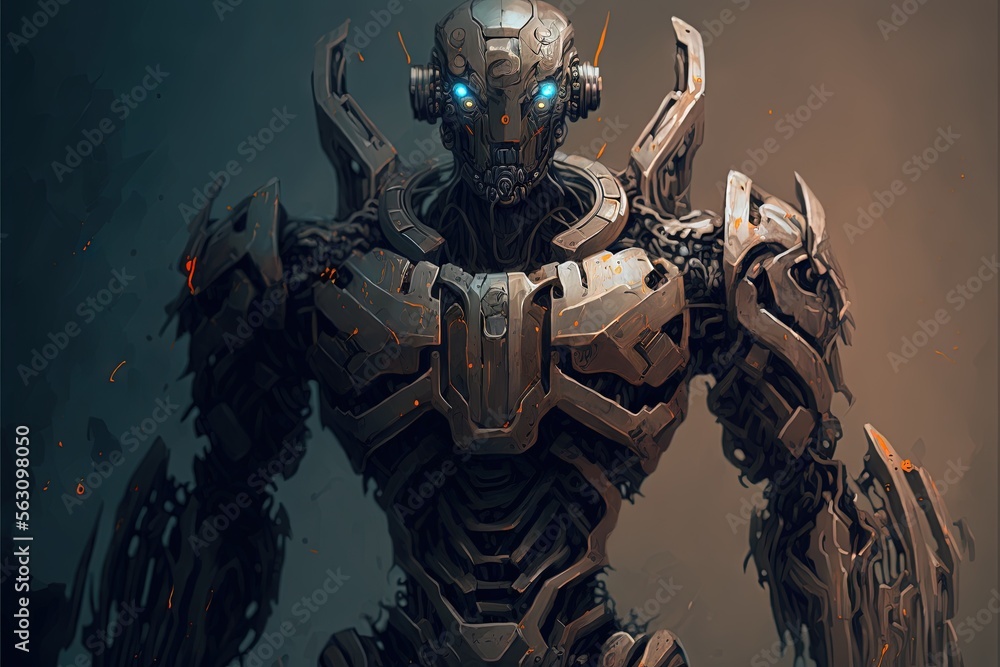 a robot with a gun in his hand and a helmet on his head, standing in ...