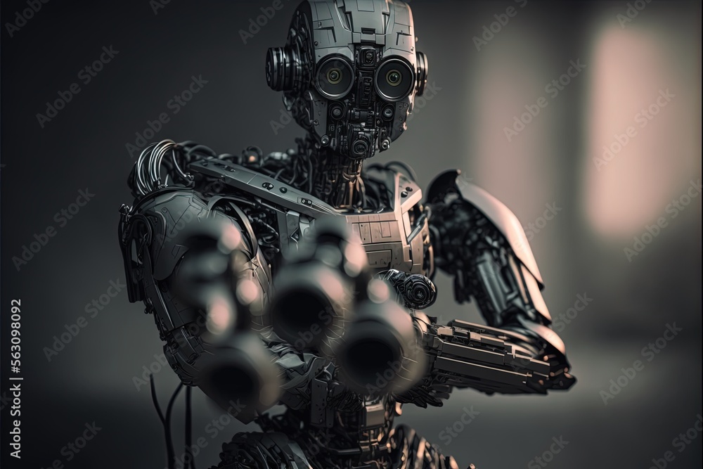 a robot with four guns in his hand and a gun in his other hand, in a ...