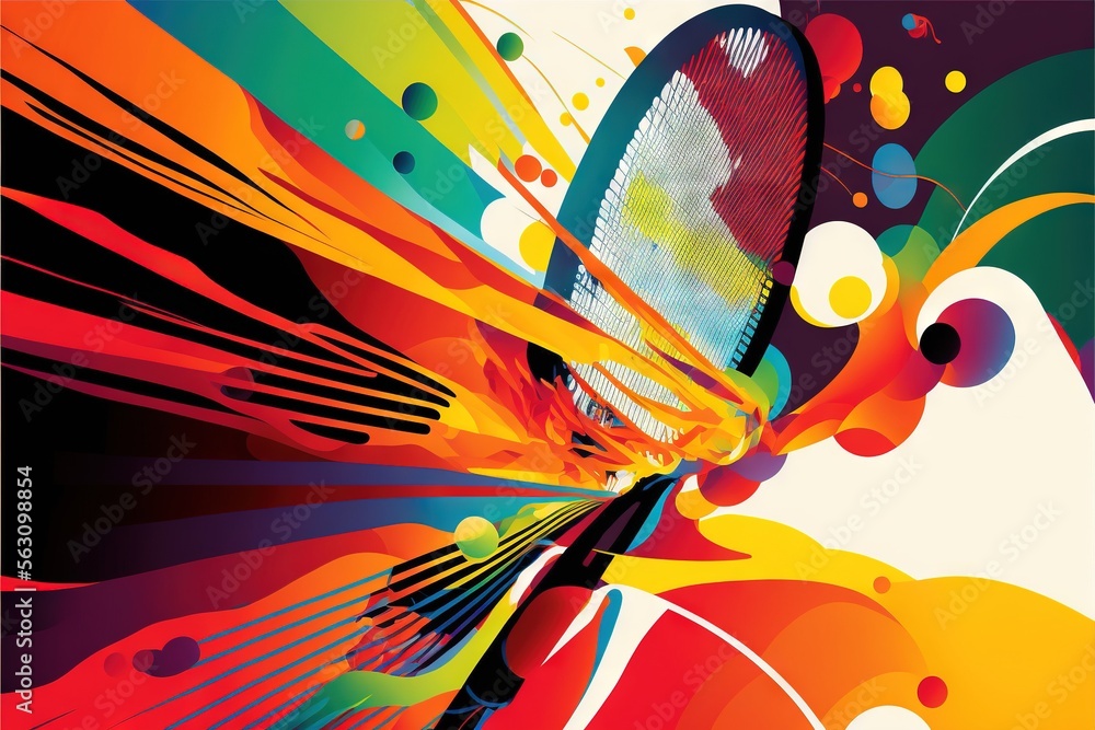 a colorful abstract painting of a tennis racket with a white background ...