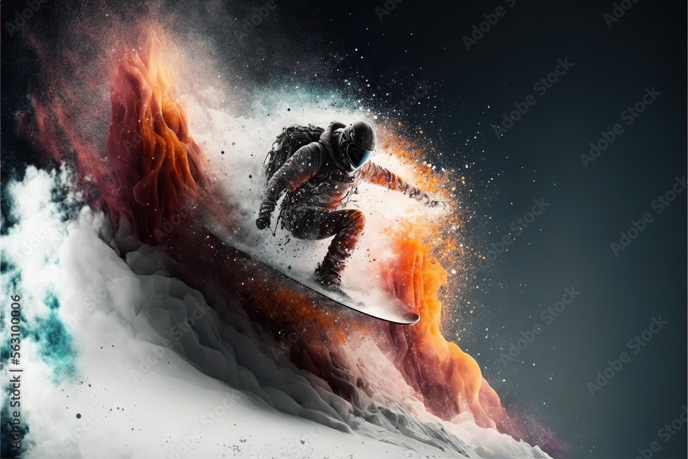 a snowboarder is jumping over a mountain of snow and ice with a red and ...