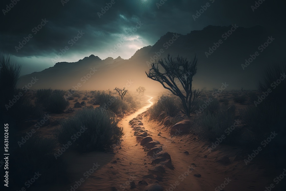 misty night path in the Australian outback night. bushes, trees and ...