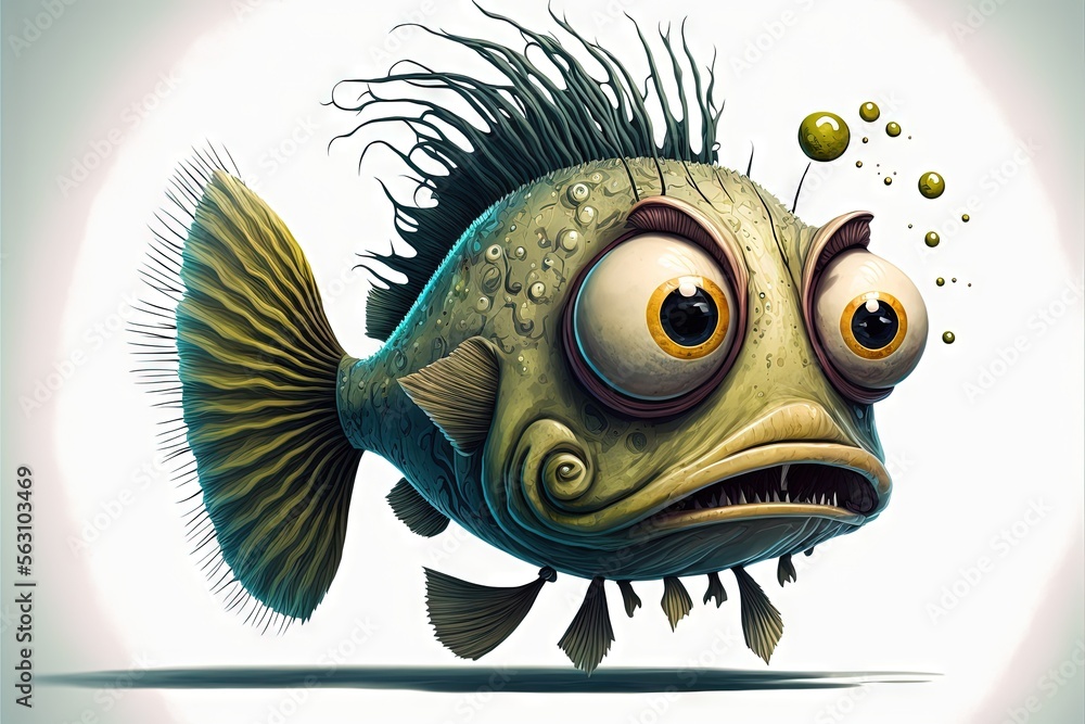 a cartoon fish with a weird look on its face and hair blowing in the ...