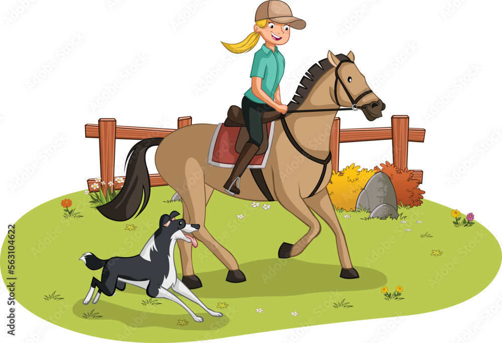 Cartoon girl riding horse. Farm background. Stock Vector | Adobe Stock