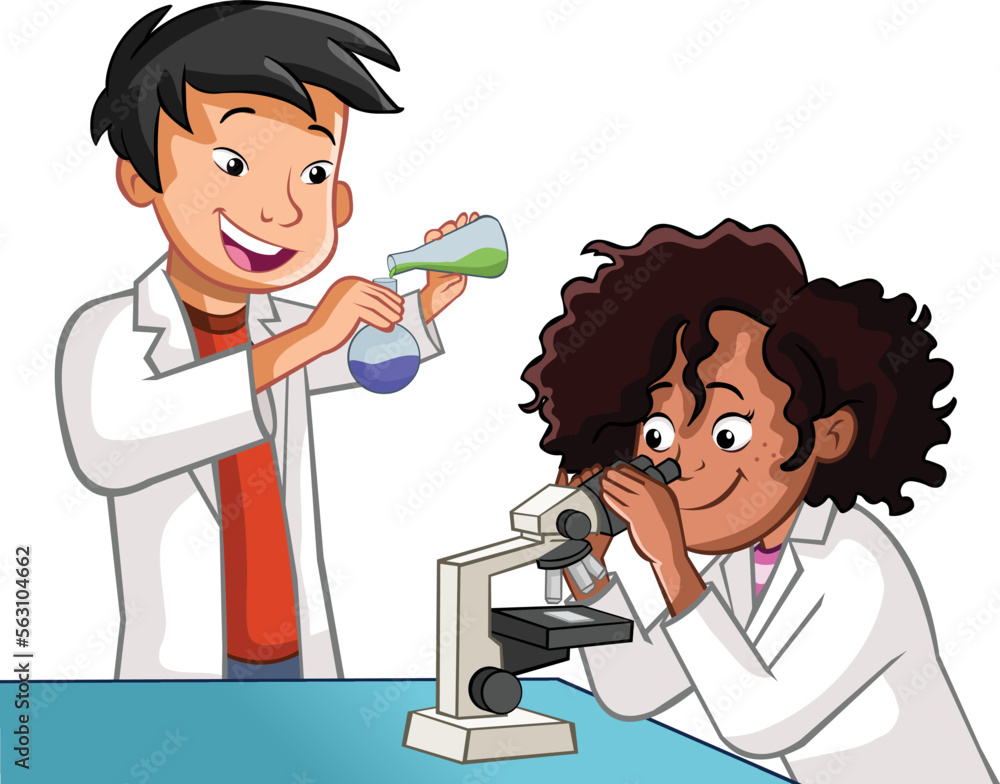 Cartoon students doing research with chemical fluid and microscope in ...