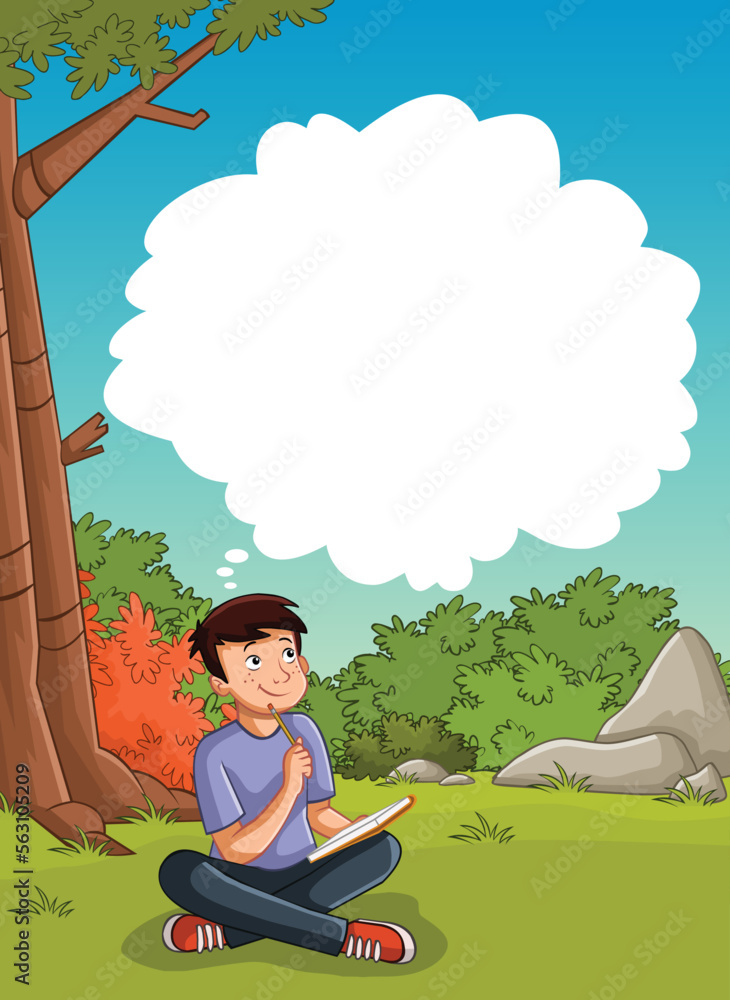 Cartoon teenager thinking in the park with grass and trees. Student ...