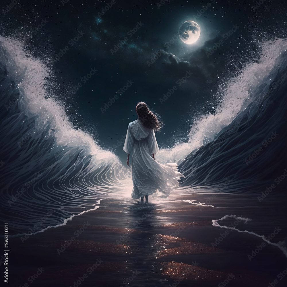 Woman in white dress parting the sea crossing red sea Art illustration ...