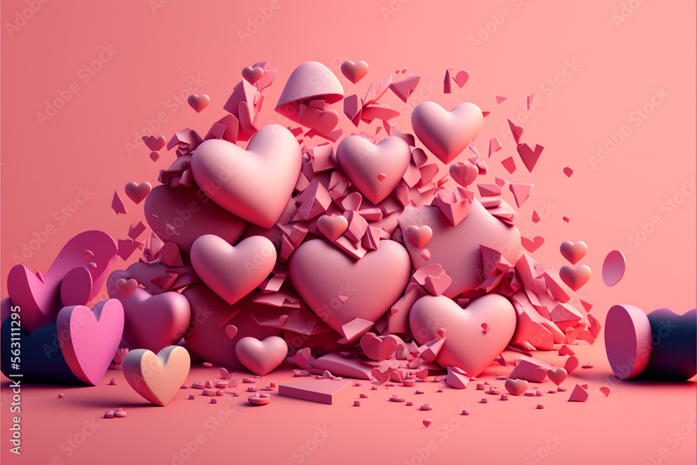 Pink hearts, rendered with detailed textured surfaces that add depth ...
