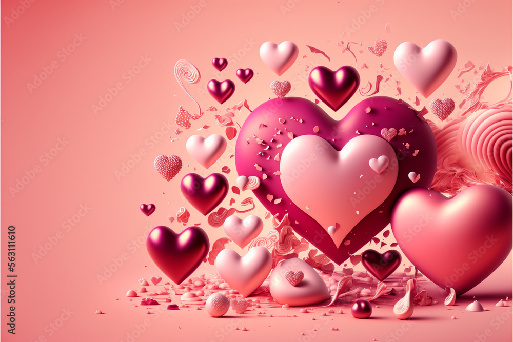 Pink hearts, rendered with intricate textured surfaces that make them ...