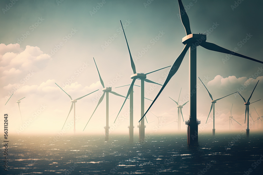 Floating wind turbines installed in sea. Alternative energy source ...