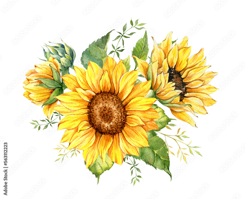 Watercolor sunflowers bouquet, hand painted sunflower bouquets with ...