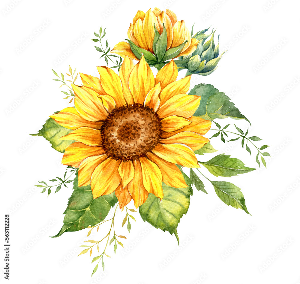 Watercolor sunflowers bouquet, hand painted sunflower bouquets with ...