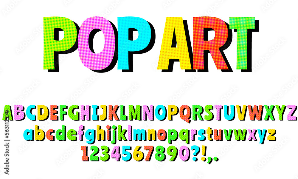 Multicolor pop art font with individually textured characters on ...